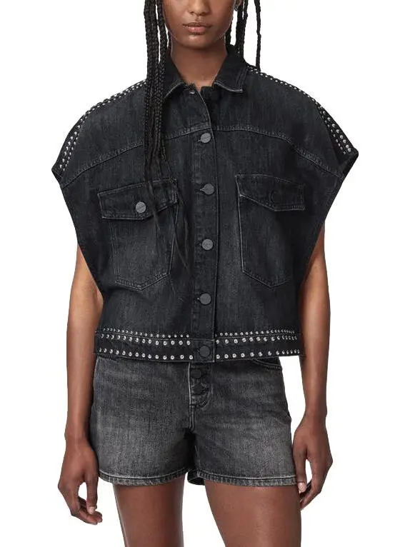 ALLSAINTS Alba Stud Detail Sleeveless Denim Jacket - Shadow Black