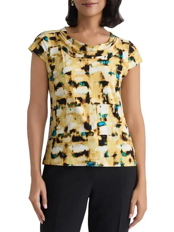 KASPER Abstract Print Cowl Neck Cap Sleeve Top - Butterscotch Multi