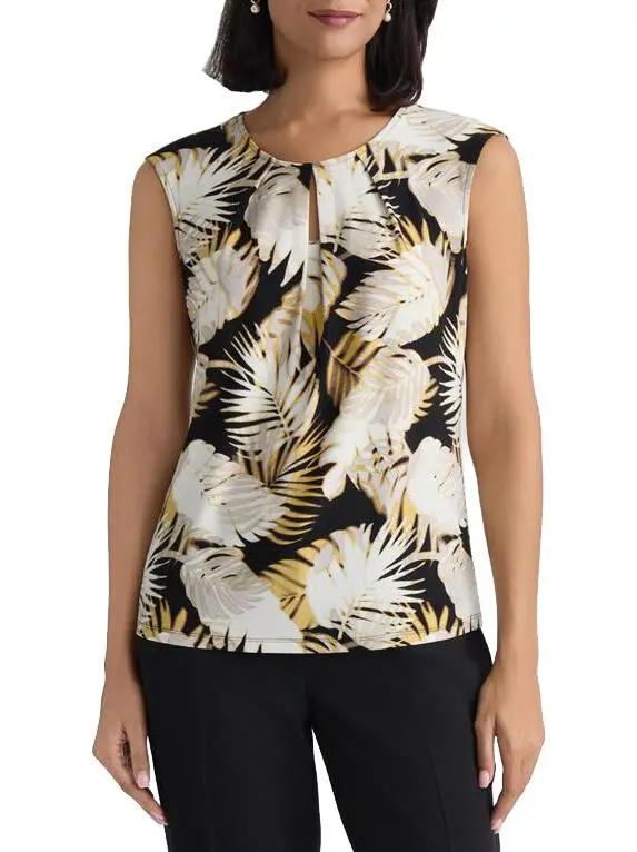KASPER Sleeveless Palm Print Keyhole Top - Black Multi