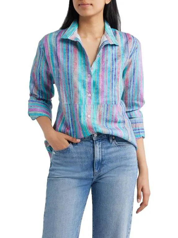 APNY Stripe Linen Button-up Shirt - Turquoise Multi