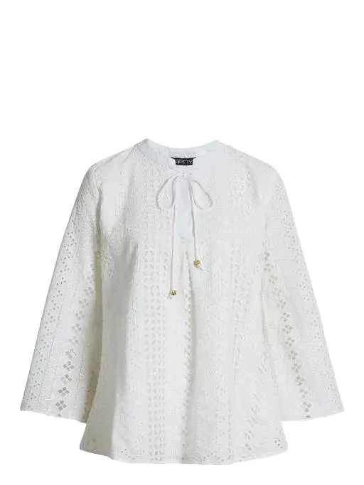 APNY Tassel Eyelet Bell Sleeve Cotton Top - White