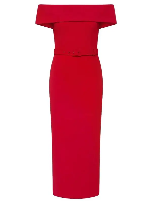 Rebecca Vallance Precious Belted Off-the-shoulder Midi Dress - Red