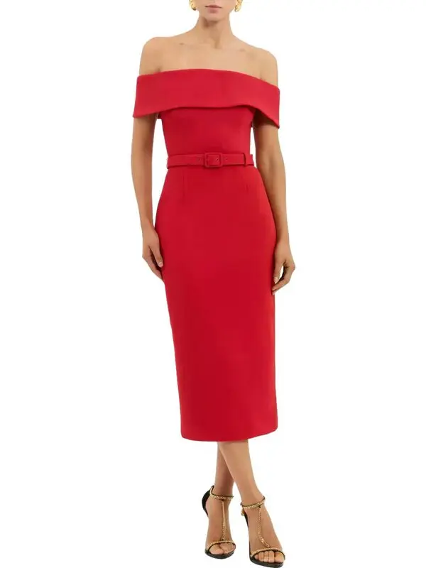 Rebecca Vallance Precious Belted Off-the-shoulder Midi Dress - Red