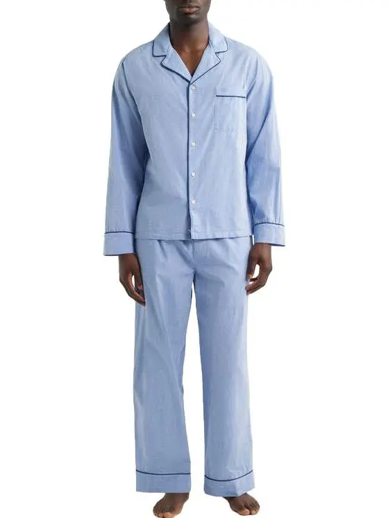 Nordstrom Stripe Woven Cotton Poplin Pajamas - Blue Chambray- Navy