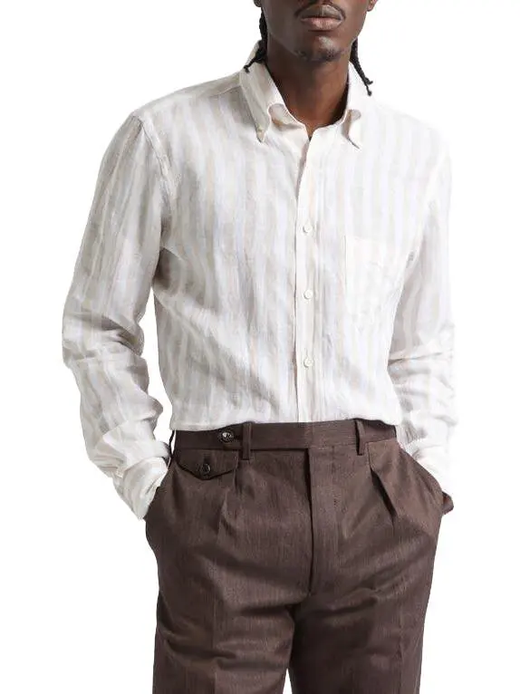 J. MUESER Regular Fit Stripe Linen Button-down Shirt - Tan Stripe
