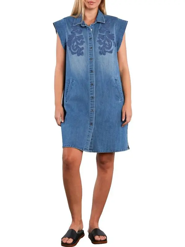 WASH LAB DENIM Sundrift Embroidered Cotton Blend Denim Shirtdress - Vintage Denim