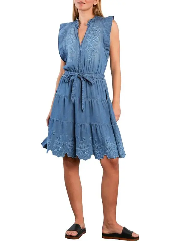 WASH LAB DENIM Rose Eyelet Embroidered Tiered Midi Dress - Sweet Denim