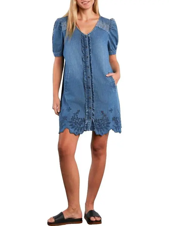 WASH LAB DENIM Lovelace Puff Sleeve Mini Dress - Vintage Denim