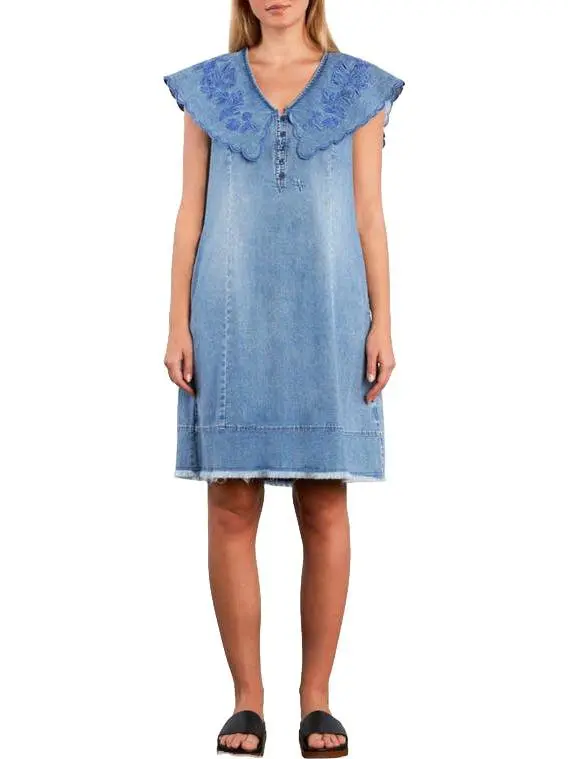 WASH LAB DENIM Luna Embroidered Collar Denim Dress - Denim Dream
