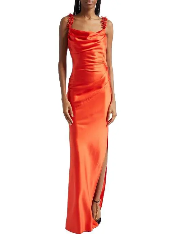 Balmain Beaded Strap Fluid Silk Column Gown - Mhj Red/red