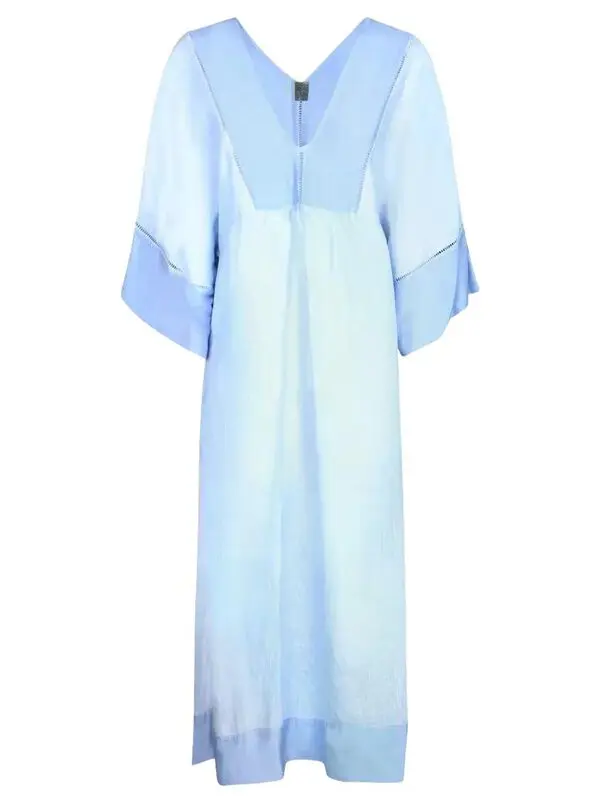 120% Lino Panelled Midi Dress With Faggoting Trim - Blue