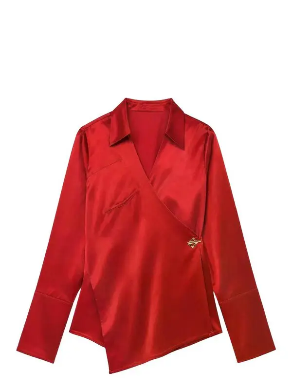 DANAMÉ Satin Wrap Blouse - Red