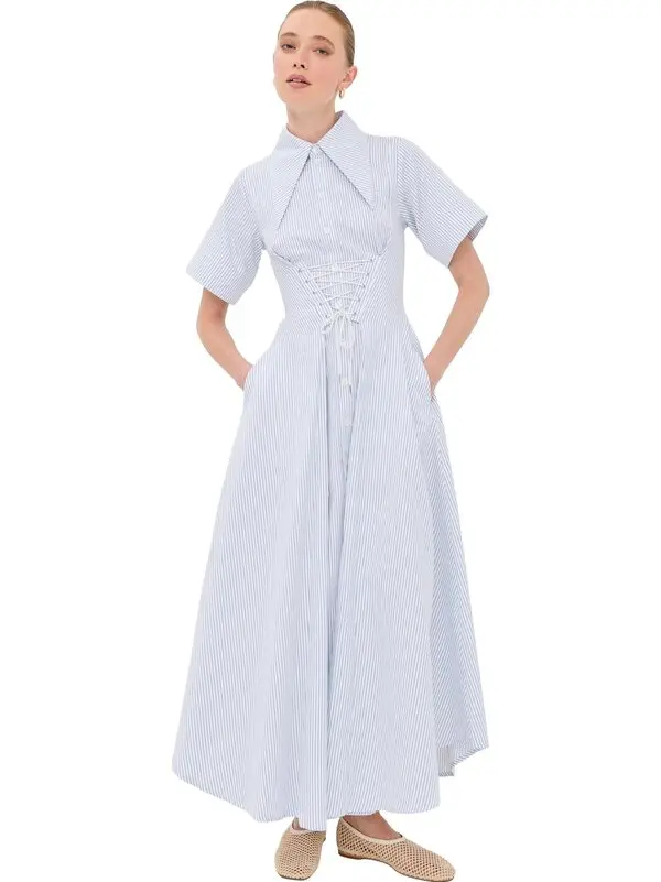 TOLU COKER Printed Striped Maxi Corset Shirt Dress - Blue/white