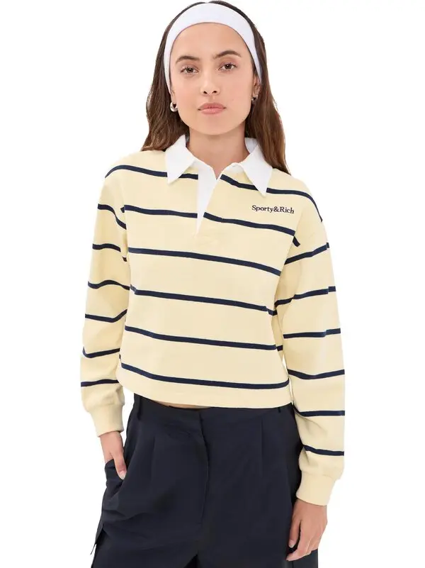 SPORTY & RICH Serif Logo Rugby Polo Top - Almond/navy
