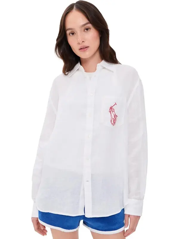 Polo Ralph Lauren Embroidered Pocket Linen Button Down Shirt - Classic Oxford White