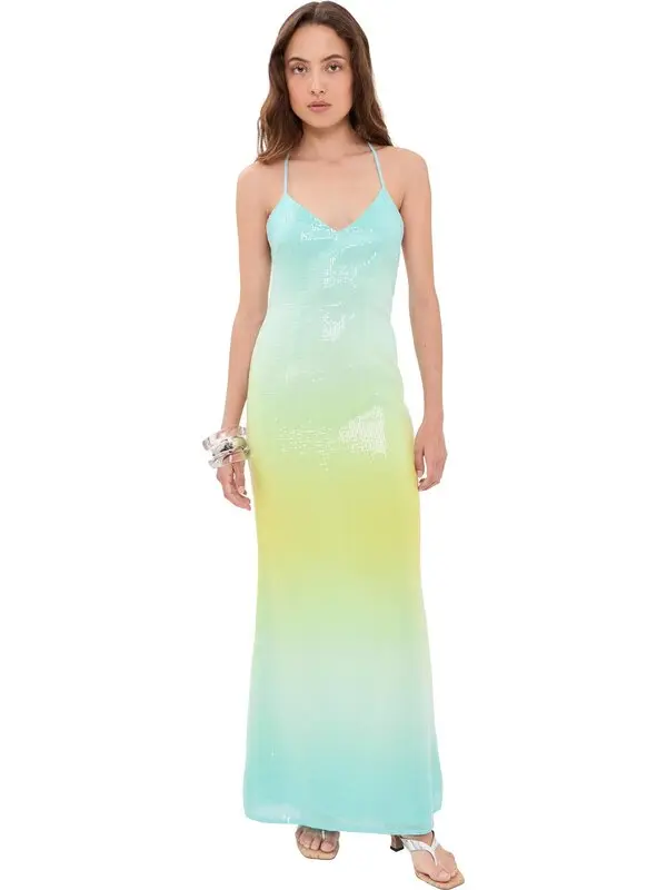 RUNAWAY THE LABEL Sequin Maxi Dress With V-neck And Scoop Back - Aqua/lemon Ombre