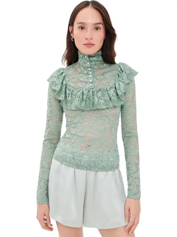 HOUSE OF AAMA High Neck Lace Top With Ruffle Details - Mint