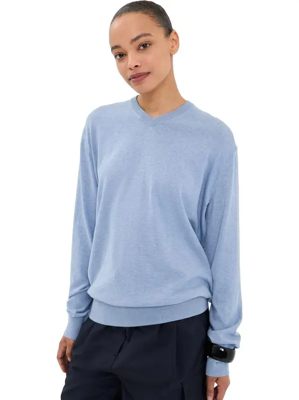Tibi Super Fine Gauge Perfect V-neck Pullover - Blue Melange