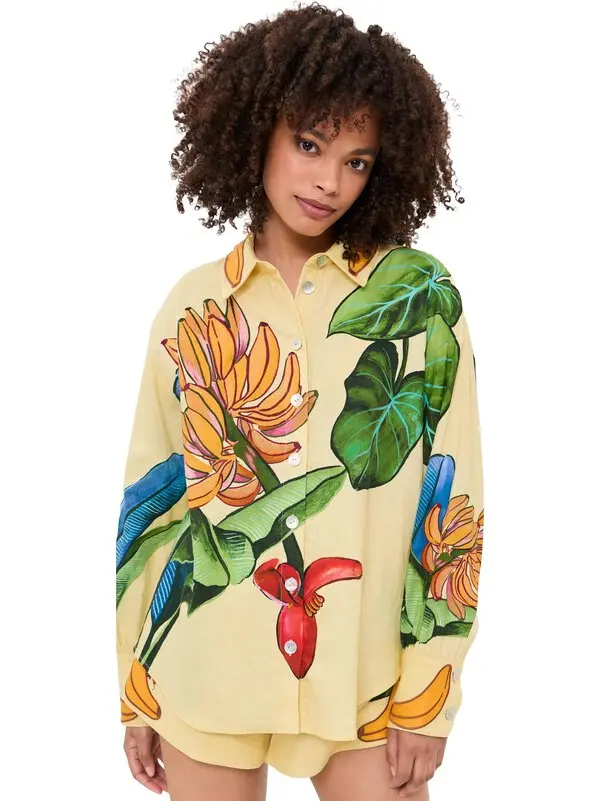 Farm Rio Banana Grapes Printed Linen Blend Shirt - Banana Grapes Yellow