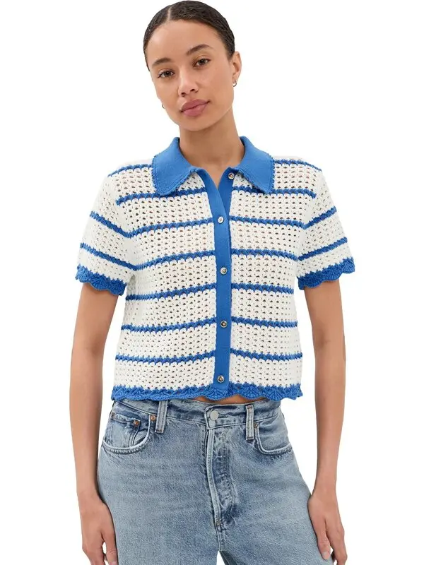 Alice + Olivia Randall Pointelle Polo Cardigan - Blue Iris/white