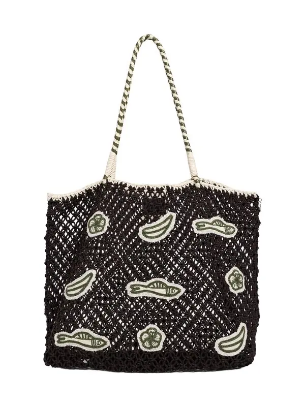 Clare V. Macrame Tote Bag With Leather Trim And Applique Embellishments - Chocolate