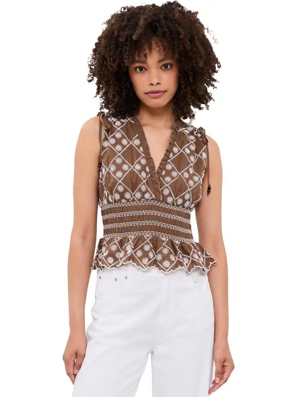 Rails Rizzo Embroidered V-neck Sleeveless Top - Cocoa Daisy Embroidery