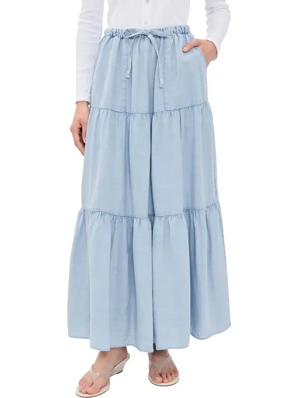 Splendid Tiered Maxi Skirt With Drawstring Waist - Bleached Indigo