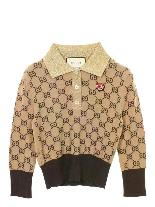Gucci 2010s Gg Pattern Wolf Patch Cropped Wool Polo Shirt - Neutrals