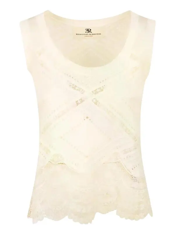 Ermanno Scervino Pointelle-knit Lace-trimmed Top - Neutrals
