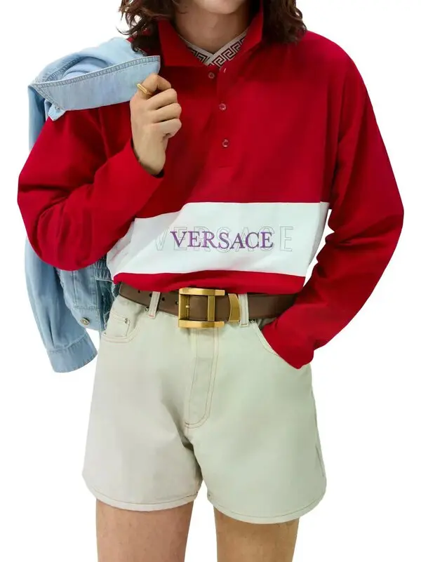 Versace Embroidered-logo Intarsia Cotton-jersey Polo - Red
