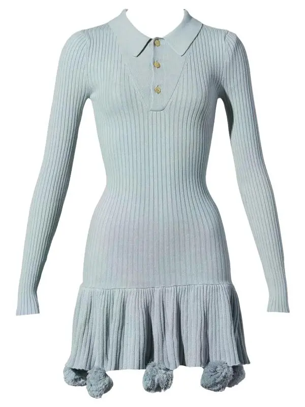 CONNER IVES Ribbed-knit Pom-pom Dress - Blue