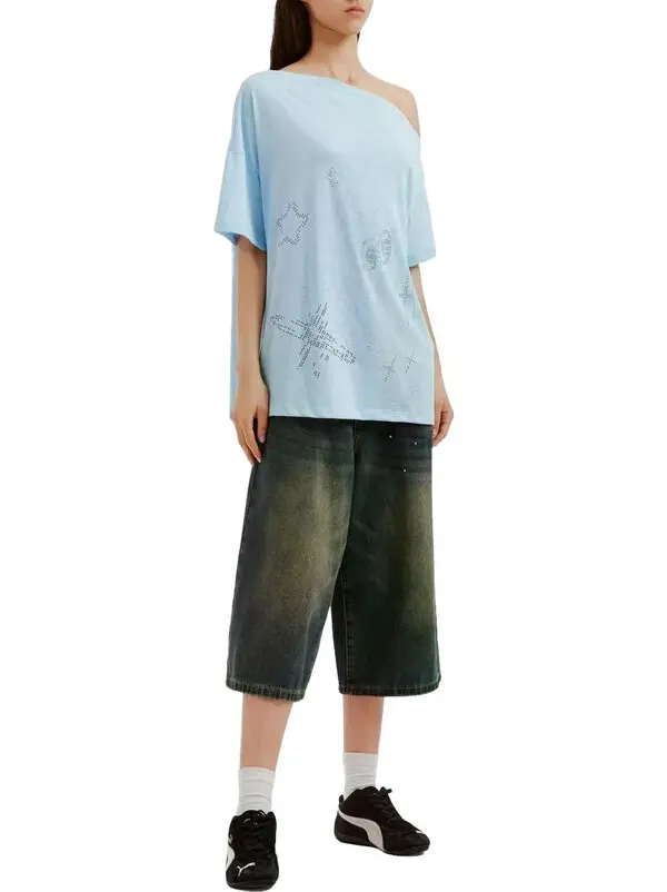 MINI CREAM Rhinestone Embellished Asymmetric Neck Cotton T-shirt - Blue