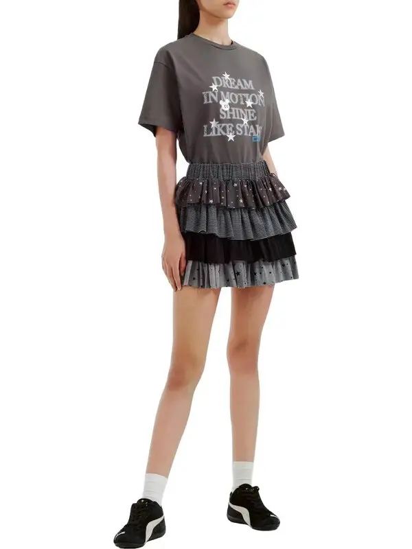 MINI CREAM Star-print Tiered Mini Skirt - Grey