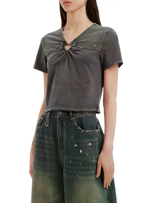 MINI CREAM Stud-embellished Heart-ring Cotton T-shirt - Grey