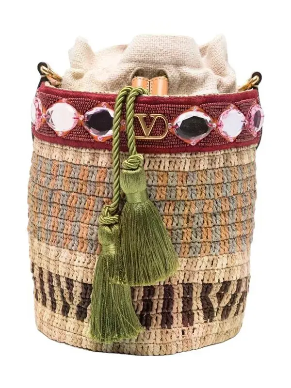 Valentino Garavani Small Raffia Bucket Bag With Embroidered Embellishments - Neutrals