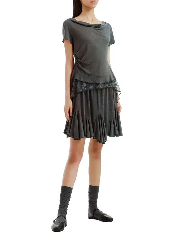 TOUT A COUP Tout À Coup Lace-trimmed Ruffled Mini Dress - Grey