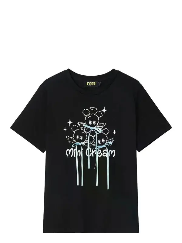 MINI CREAM Cotton Graphic Print T-shirt With Bow Detail - Black