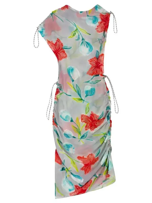 Coperni Floral-print Ruched Silk Midi Dress - Grey