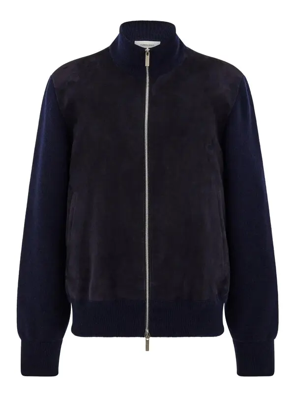 FERRAGAMO Suede And Knit Bomber Jacket - Blue