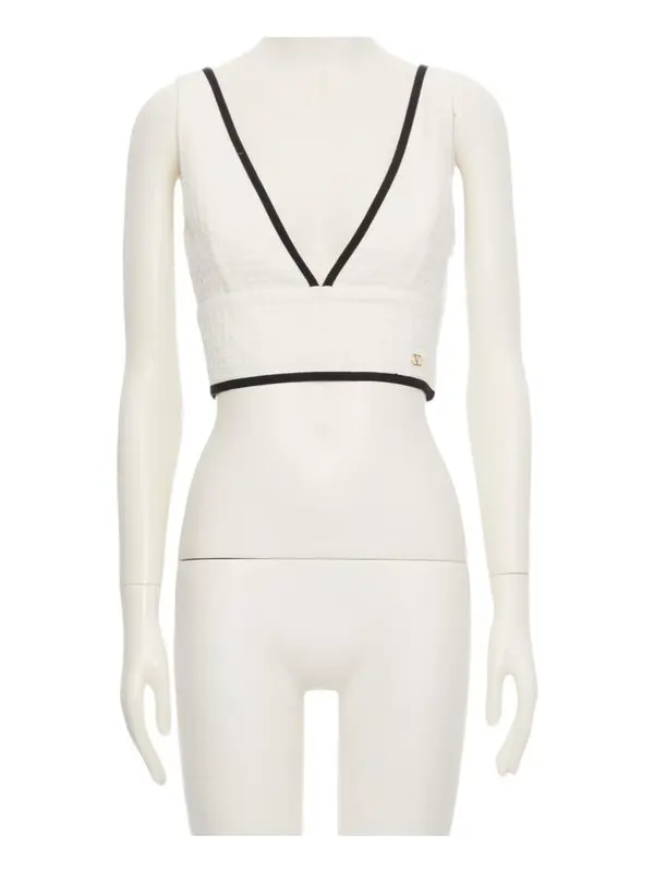 Valentino Garavani Canestrello Cotton Tweed V-neck Sleeveless Top With Contrasting Trim - White