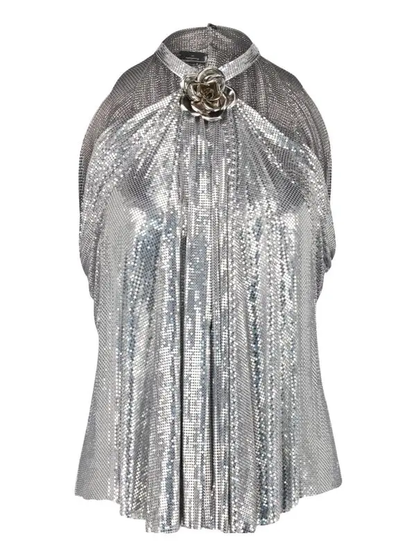 Rabanne Backless Camisole Top With Floral Embellishment - Silver