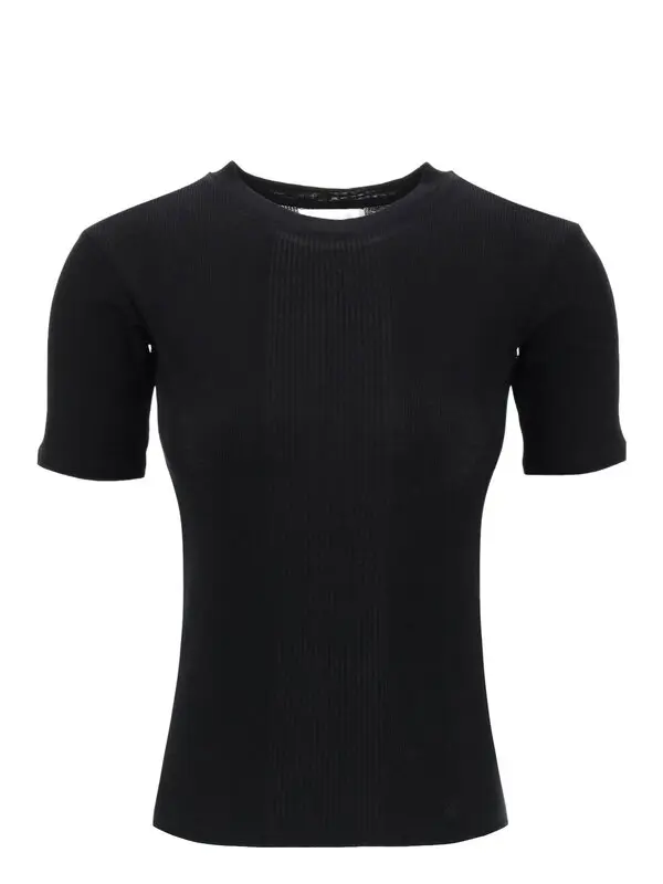 LOULOU STUDIO Ribbed Short Sleeve T-shirt With Logo Embroidery - Black