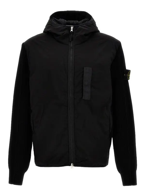 Stone Island Logo Patch Zip-up Hooded Jacket - Black