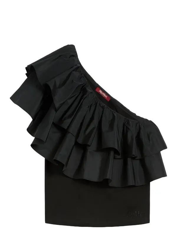 Max Mara One-shoulder Ruffled Top With Embroidered Logo - Black