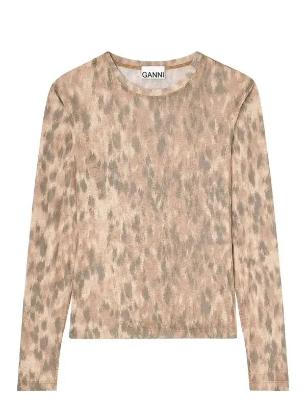 GANNI Long-sleeve Printed Marl Mesh Top - Nude
