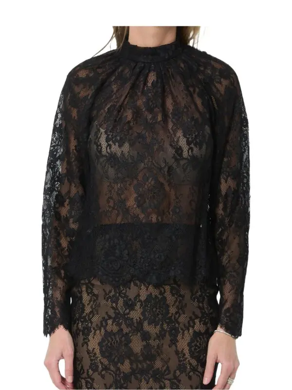 SELF-PORTRAIT Sheer Lace Long Sleeve Top - Black