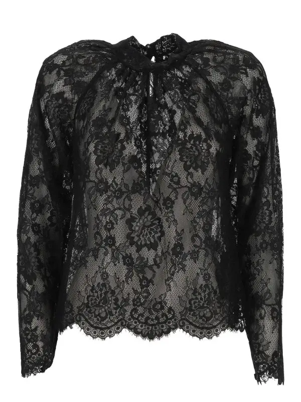 SELF-PORTRAIT Sheer Lace Long Sleeve Top - Black