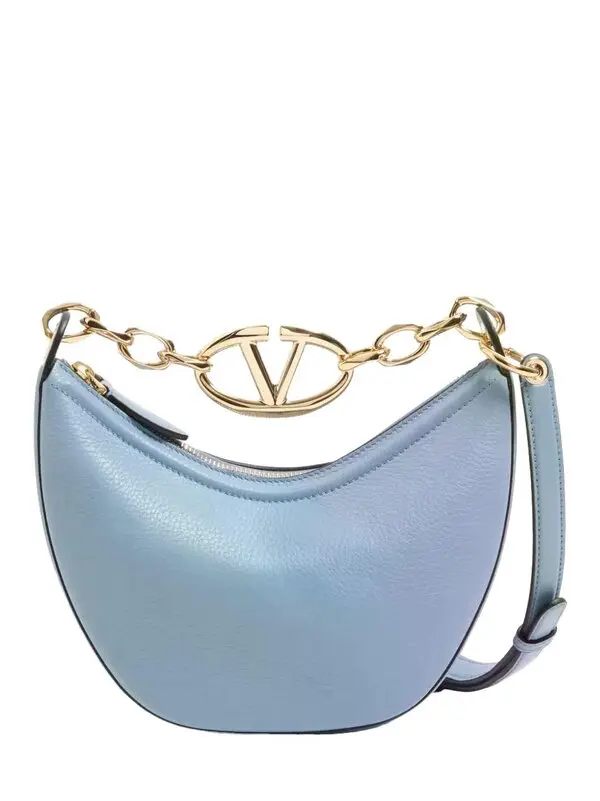 Valentino Garavani Mini Vlogo Moon Bag In Grainy Calfskin With Chain - Blue