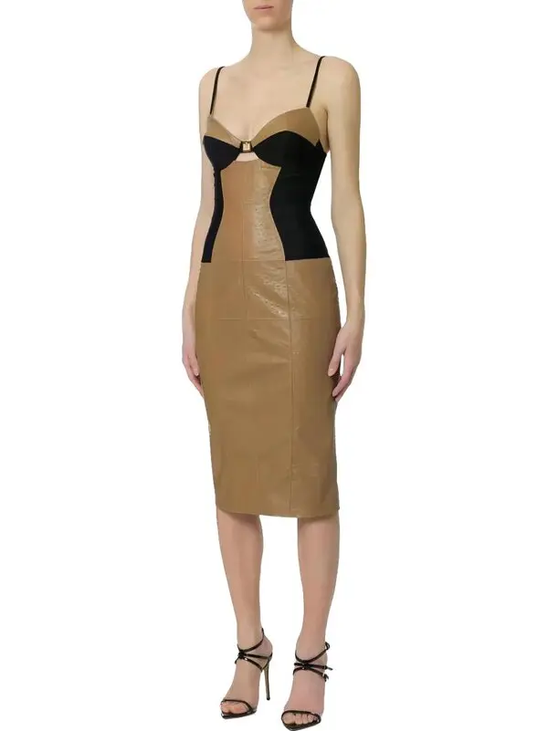 Elisabetta Franchi Ostrich-effect Panelled Dress - Brown