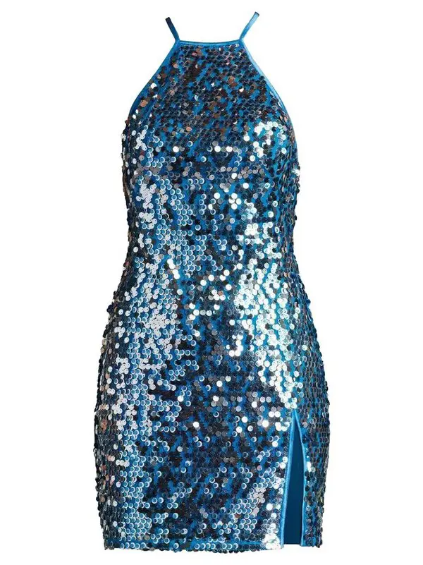 Tadashi Shoji Sequined Halterneck Mini Dress - Blue
